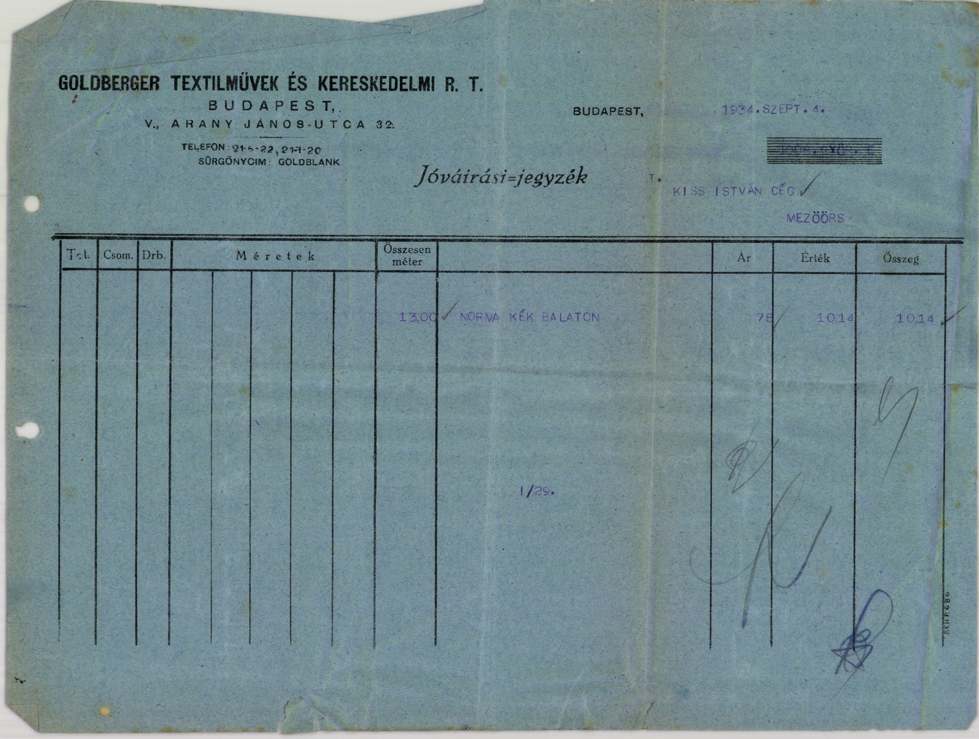 Goldberger Textilművek és Kereskedelmi R. T. Győri Fiók :: Magyar Kereskedelmi és ...