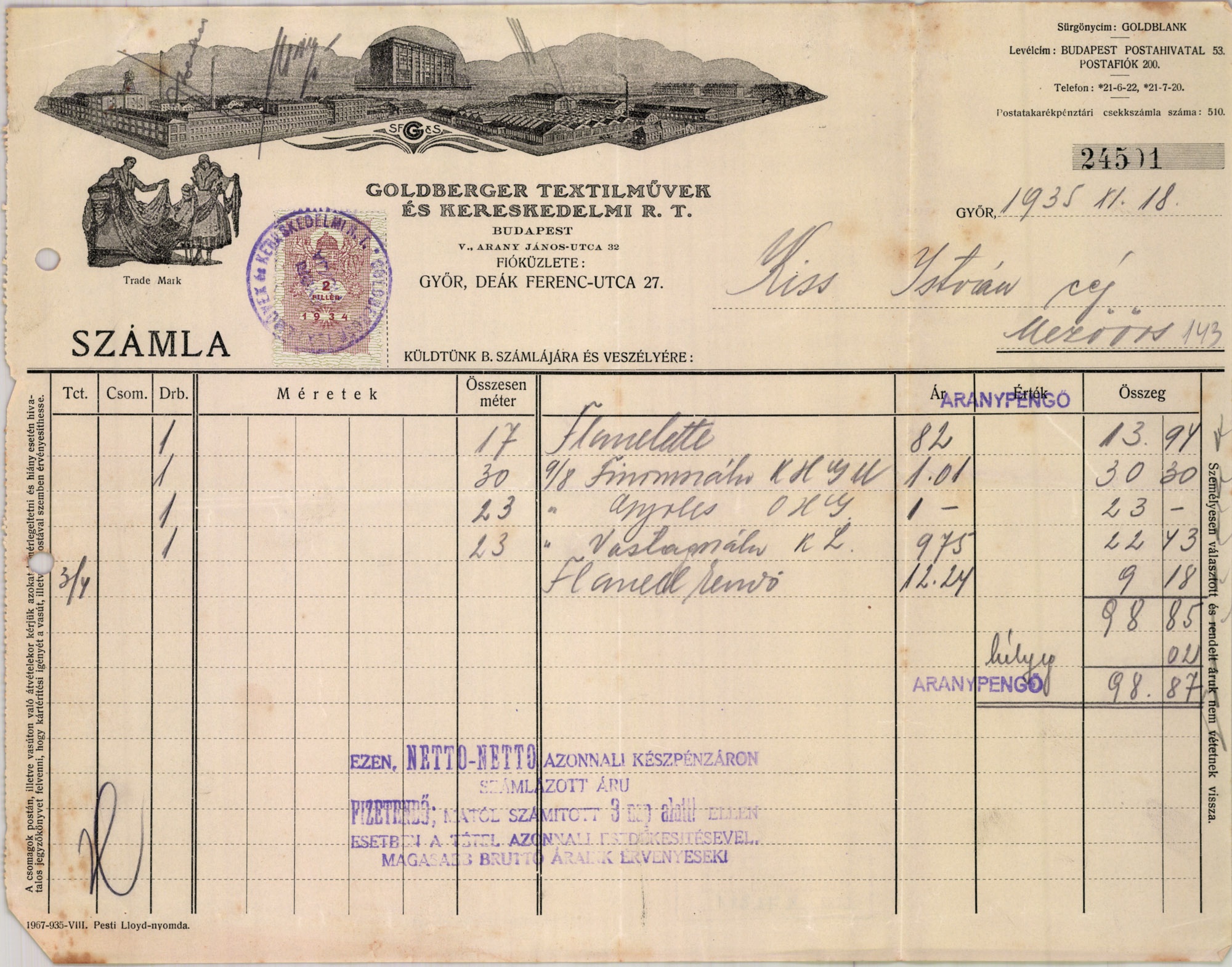 Goldberger Textilművek és Kereskedelmi R. T. Győri Fiók :: Magyar Kereskedelmi és ...