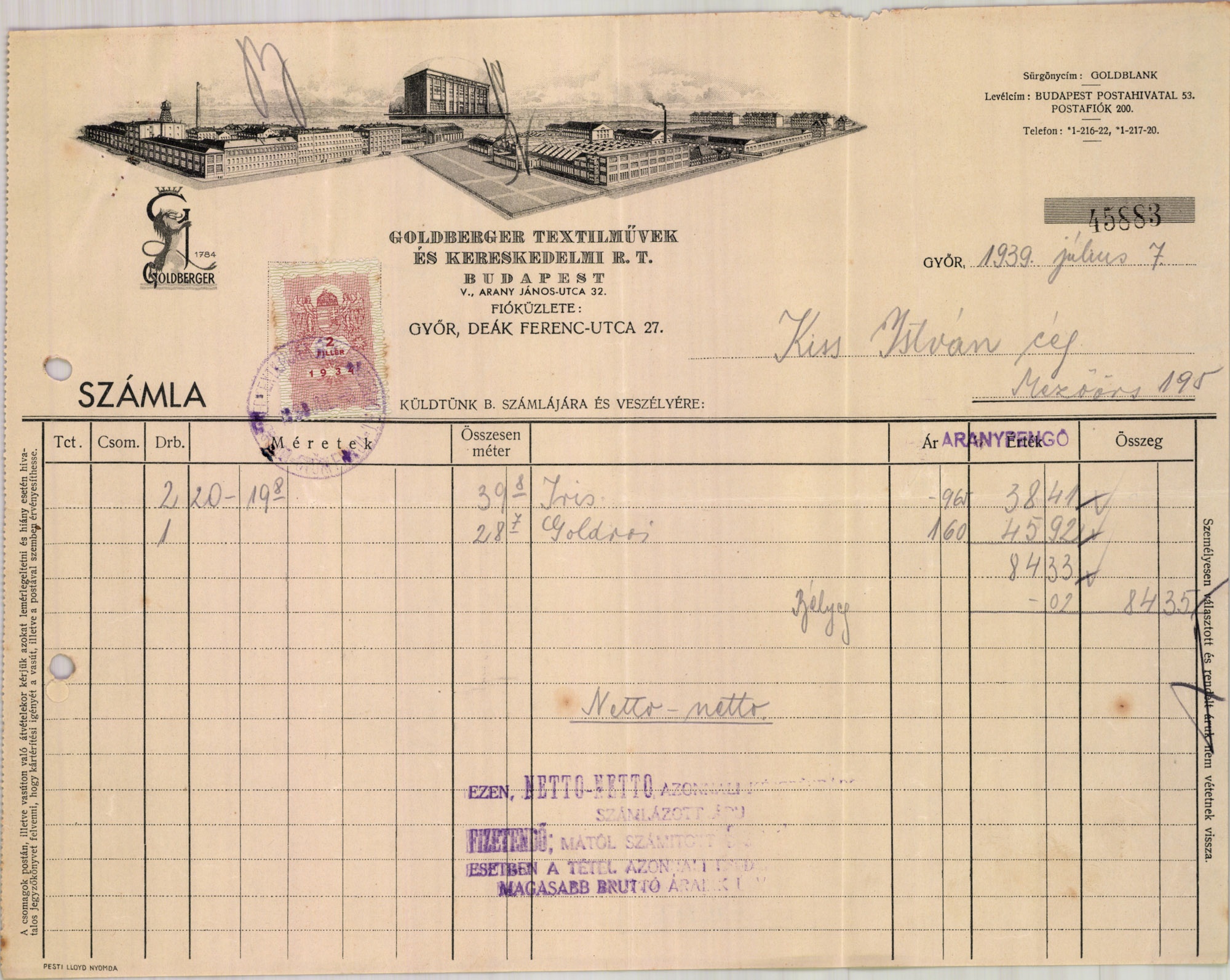 Goldberger Textilművek és Kereskedelmi R. T. Győri Fiók :: Magyar Kereskedelmi és ...