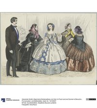 Allgemeine Modenzeitung: ein Herr im Frack und vier Damen in Besuchs ...